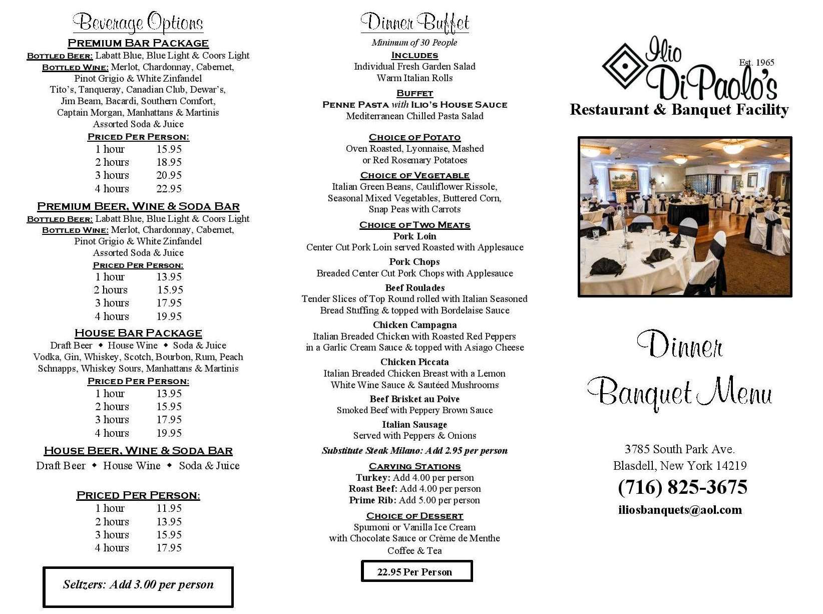 Banquet Dinner Menu Ilio DiPaolo s Restaurant Banquet Facility Banquet Dinner Menu Ilio DiPaolo s Restaurant Banquet Facility
