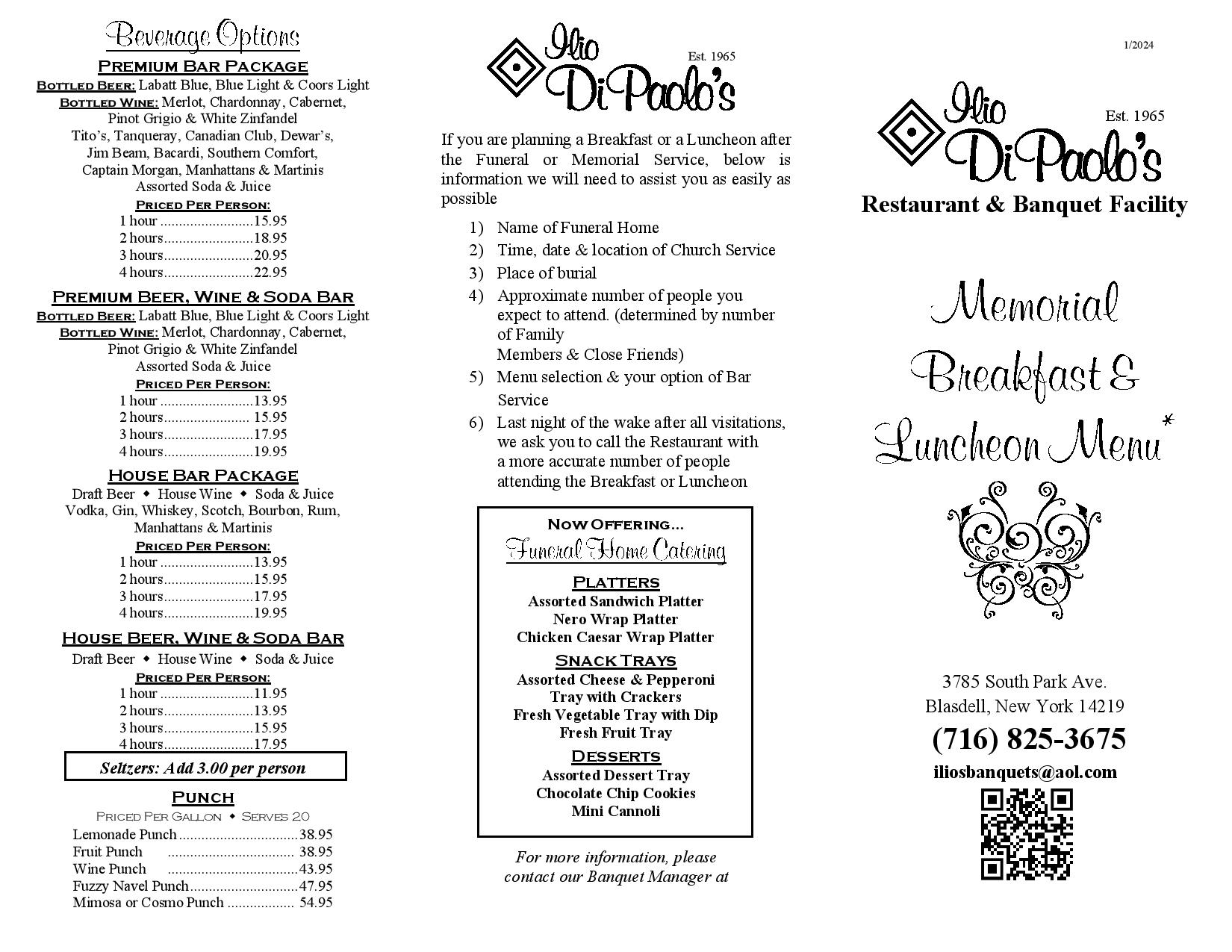 Memorial & Funeral Menu | Ilio DiPaolo's Restaurant & Banquet Facility