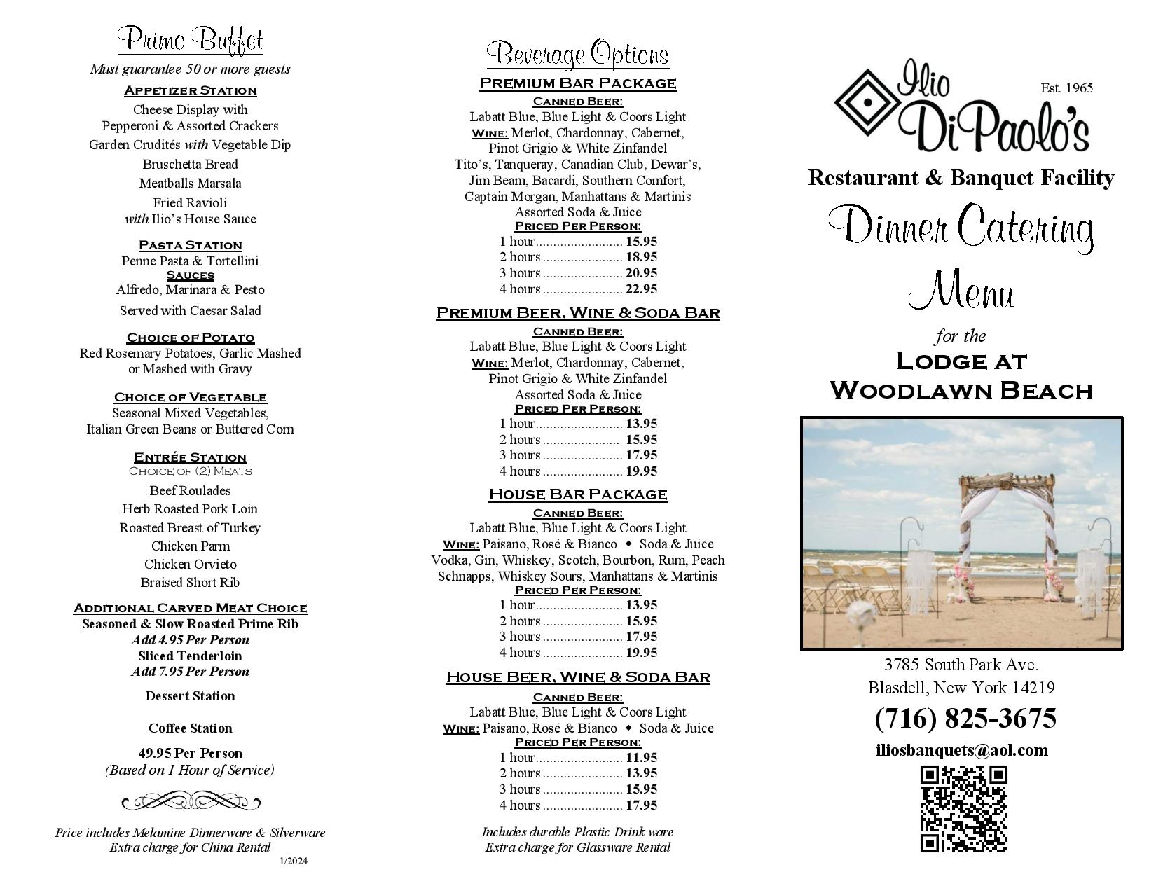 Woodlawn Beach Dinner Menu | Ilio DiPaolo's Restaurant & Banquet Facility